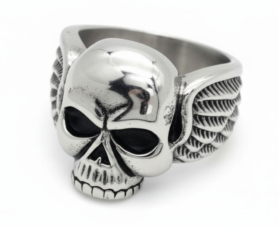 Winged Skull Ring Men's Biker Stainless Steel SR218 – Stainless Steel ...